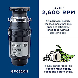 GE Continuous Feed Garbage Disposal, 1/2 Horsepower, Good for Grinding: Beans, Potatoes, Peels, & Cooked Meat, Easy Install Kit Included, Non-Corded, Recommended for 2-4 Person Homes Black