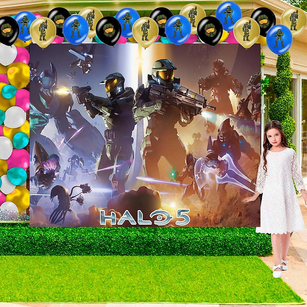 The Master Chief Birthday Party Supplies Chieftain Game Shooting Game Theme Birthday Party Decorations Set Banner Cake Topper Balloons Party Decorations for Kids