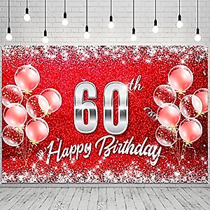 Red and Silver Happy 60th Birthday Backdrop Banner Decorations for Women Men 60 Years Old Bday Background Photography Party Decor Sign Supplies