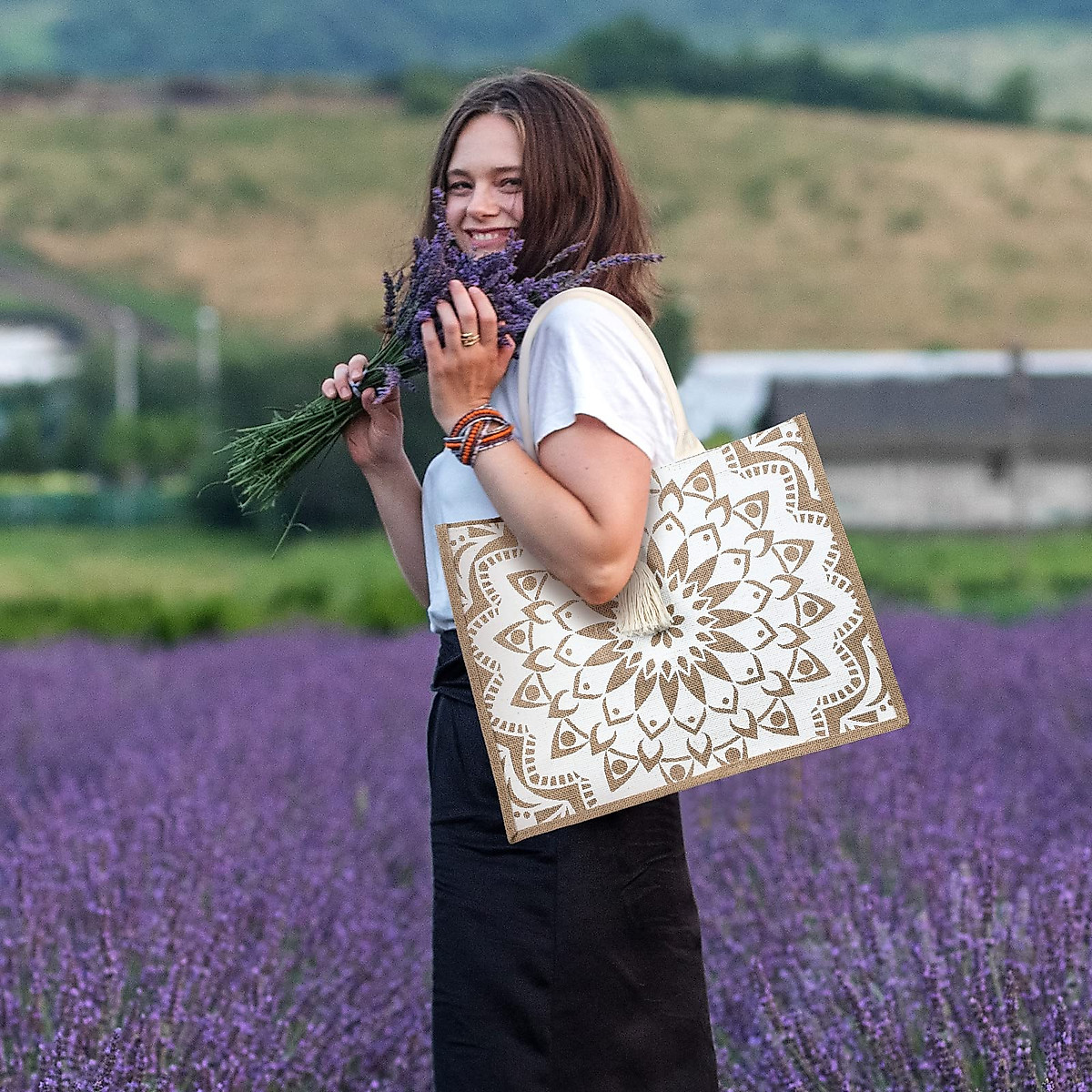 Buryeah 2 Pcs Large Beach Bag Burlap Jute Tote Bag for Women Straw Cute Beach Tote Jute Tote Handbags Reusable Grocery Bag for Mother Teacher Wedding Shopping Travelling Gym