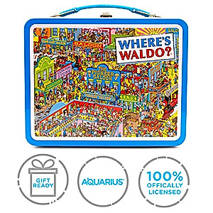 AQUARIUS Where's Waldo Fun Box - Sturdy Tin Storage Box with Plastic Handle & Embossed Front Cover - Officially Licensed Waldo Merchandise & Collectible Gift (48276)