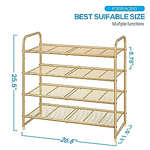 Simple Trending 4-Tier Stackable Shoe Rack, Expandable & Adjustable Shoe Organizer Storage Shelf, Wire Grid, Golden Yellow