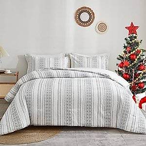 MOVE OVER Gray Jacquard Comforter Set Boho Comforter Set Queen 300TC 100% Yarn Dyed Cotton Bohemian Paisley Flower Design Boho Textured Stripes Jacquard Tufted Comforter Set