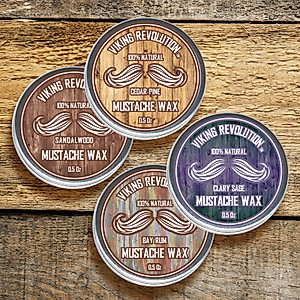 Viking Revolution Mustache Wax 4 Variety Pack - Beard & Moustache Wax for Men - Strong Hold Helps Train Tame & Style- Sandalwood, Clary Sage, Cedar Pine, Bay Rum Styles