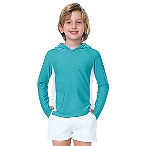 Kids Hooded Swim Shirt Long Sleeve Boys Girls Solid Color Rash Guard Tops Uv Protective Athletic Shirts Aqua White 7-8 Years