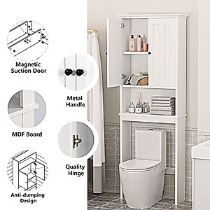 Hcman 67.32" H Over The Toilet Storage Cabinet, Double Door Bathroom Cabinet Organizer Shelf Over Toilet, Toilet Rack with Inner Adjustable Shelf and Open Shelf, White