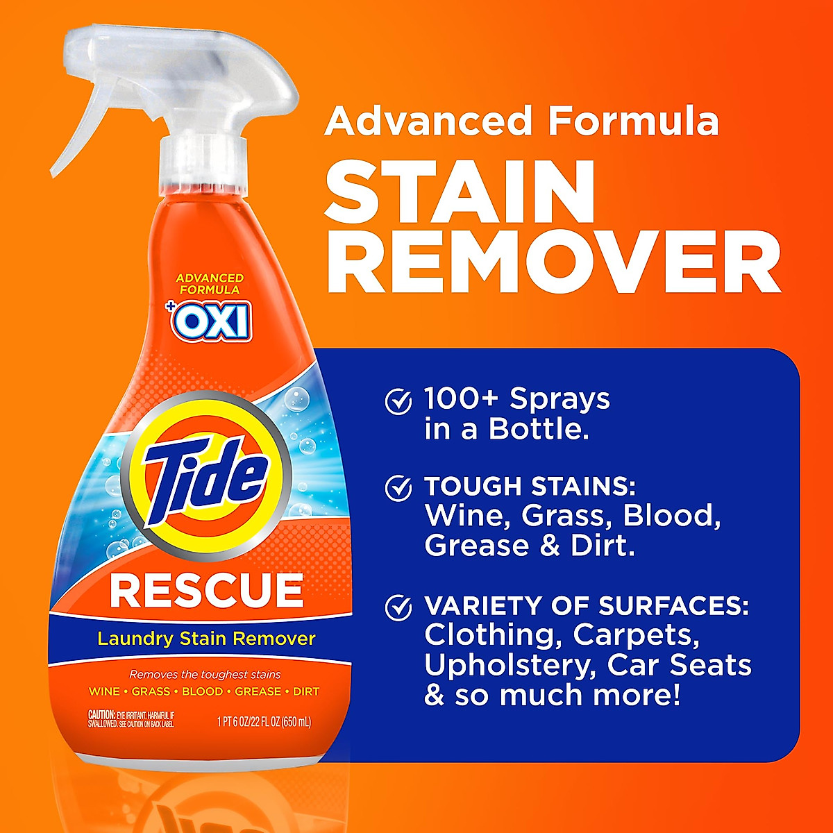 Tide Laundry Stain Remover Spray with Oxi, Stain Remover for Clothes, Carpet, Upholstery, Pet Bedding, & More, Stain Treater Spray for Tough Stains from Wine, Coffee, Grease, 21.5 Fl Oz (Pack of 2)