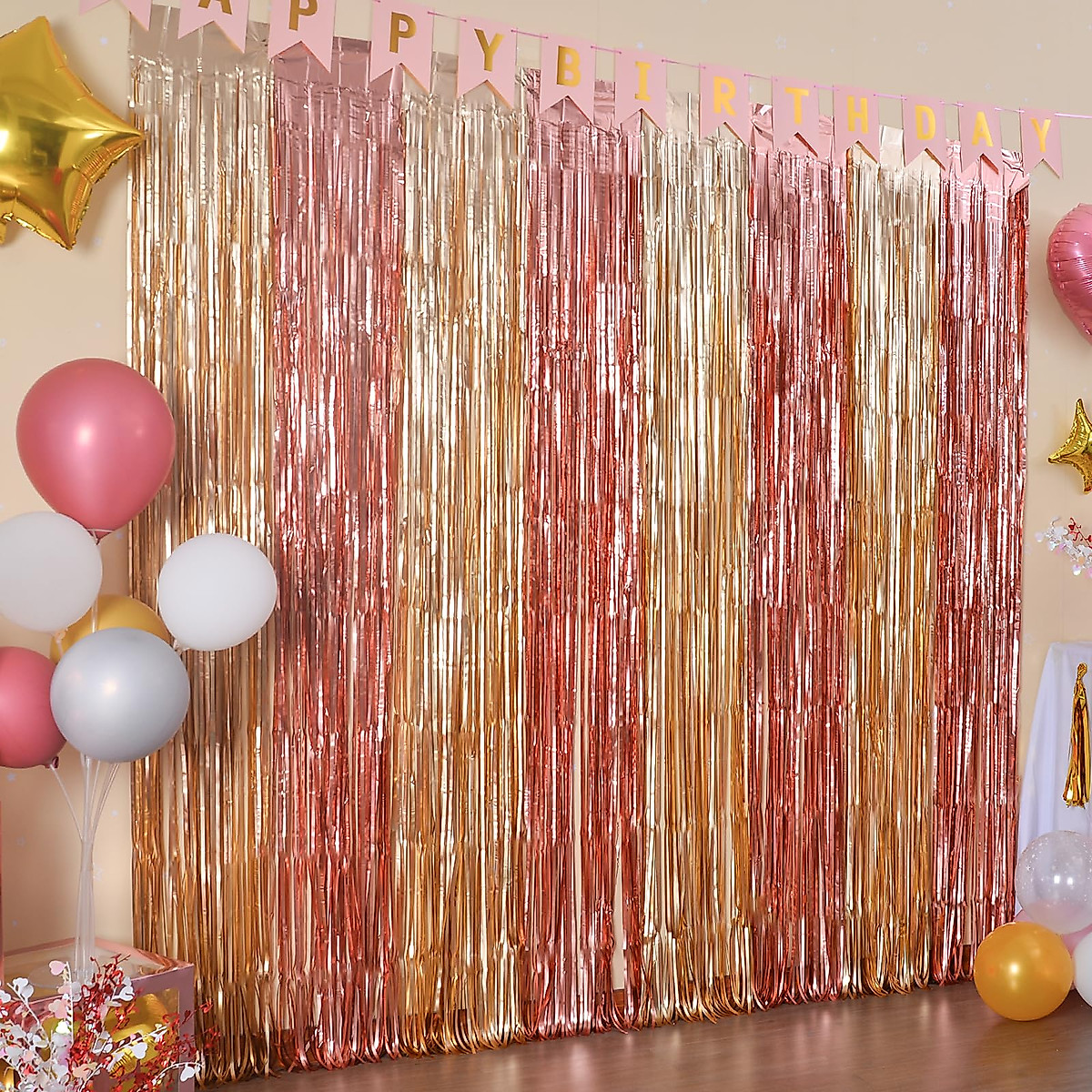LOLStar 2 Pack Rose Gold Birthday Decorations, 3.3x6.6ft Pink and Gold Foil Fringe Curtains, Tinsel Streamers Backdrop Photo Booth Props for Bridal Shower Ballerina Valentine's Party Decor