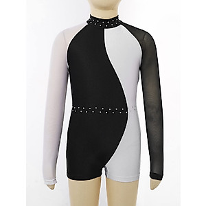 FEESHOW Leotards for Girls Gymnastics Children Long Sleeve Zipper Back Biketard Unitard Jumpsuit with Shorts Black&White 14 Years