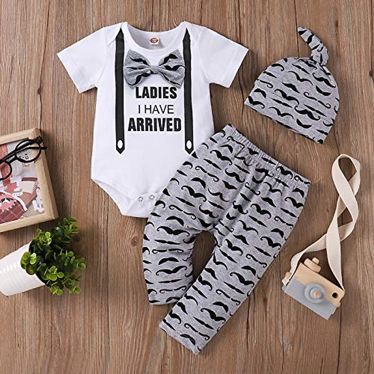 Baby Boy Clothes Stuff Infant Summer 3 Piece Outfits Newborn Cute Letter Printed Romper Short Sleeve + Pants + Hat Funny Letter Printed White Grey Mustache 70cm