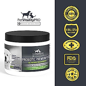 PetVitalityPRO Probiotics for Dogs with Natural Digestive Enzymes ● 4 Bill CFUs/2 Soft Chews ● Dog Diarrhea Upset Stomach Yeast Gas Bad Breath Immunity Allergies Skin Itching Hot Spots ● 60 Count
