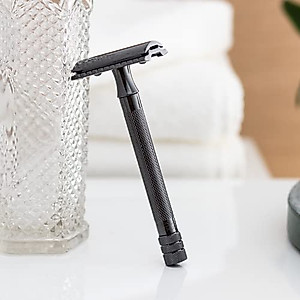 Merkur Double Edge Safety Razor, Straight Cut, Extra Long Handle, Black PVD Coated, 1 ct.