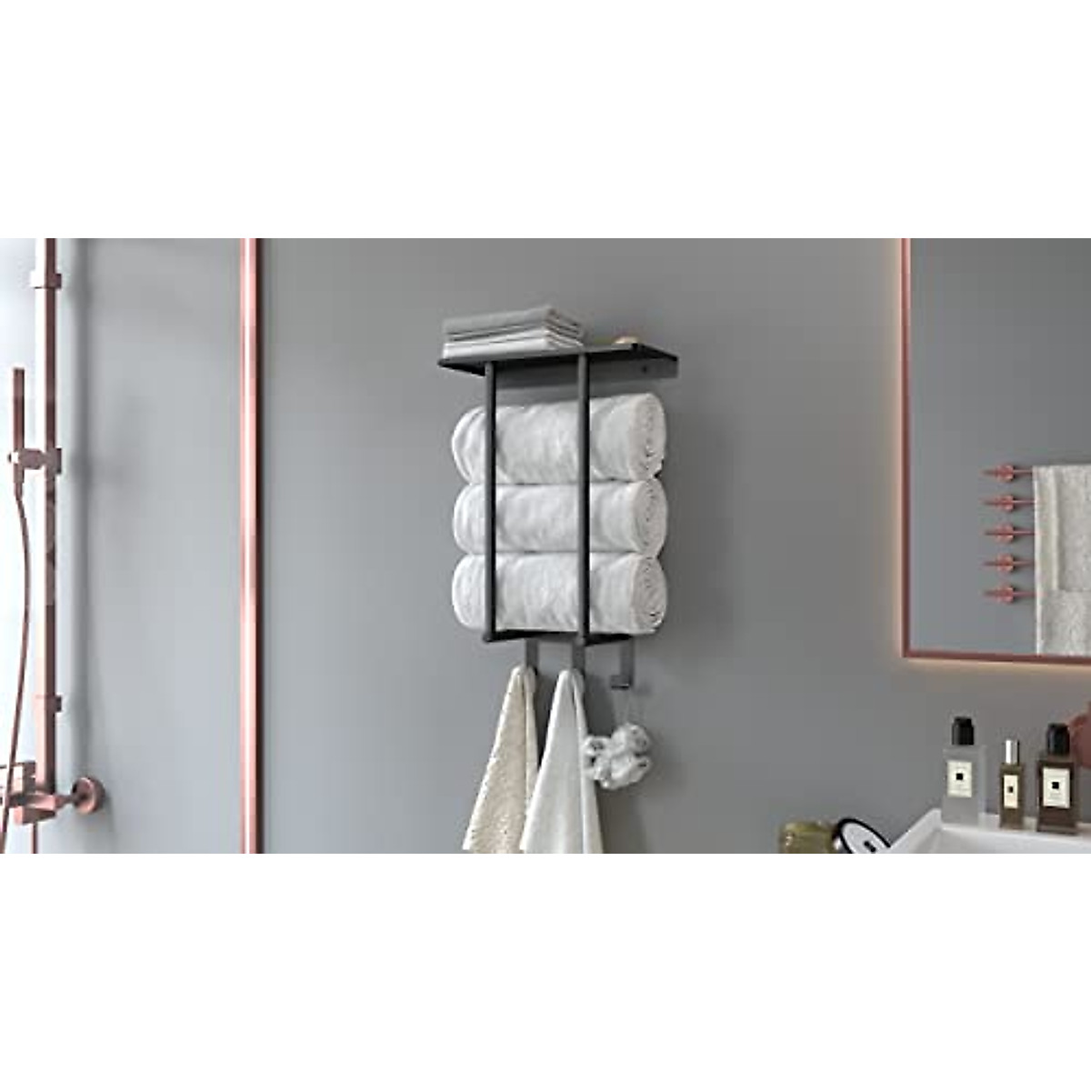 Towel Racks for Bathroom, BETHOM Towel Rack with Metal Shelf and 3 Hooks for Small Bathroom, Towel Storage Wall Can Holds Up to 3 Large Size(63x40 inch) of Rolled Towels, Black