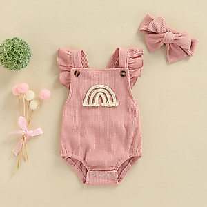 Hnyenmcko Newborn Baby Boy Girls Clothes Infant Rainbow Romper Waffle Ruffled Sleeveless Backless Bodysuit Jumpsuit Headband Outfit (B-Pink, 0-3 Months)