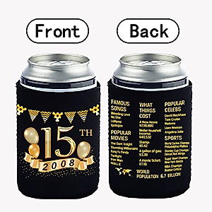 Yangmics 15th Birthday Can Cooler Sleeves Pack of 12-15th Anniversary Decorations- 2008 Sign - 15th Birthday Party Supplies - Black and Gold the fifteenth Birthday Cup Coolers