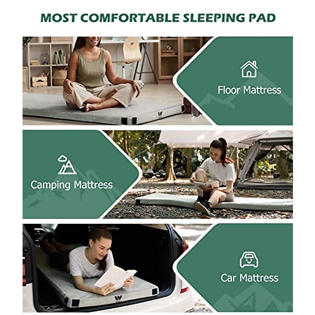 Willpo CertiPUR-US Memory Foam Camping Mattress Portable Sleeping Pad Guest Floor Bed Lightweight Outdoor Tent Mattress with Waterproof Cover & Travel Bag-Kid, Grey