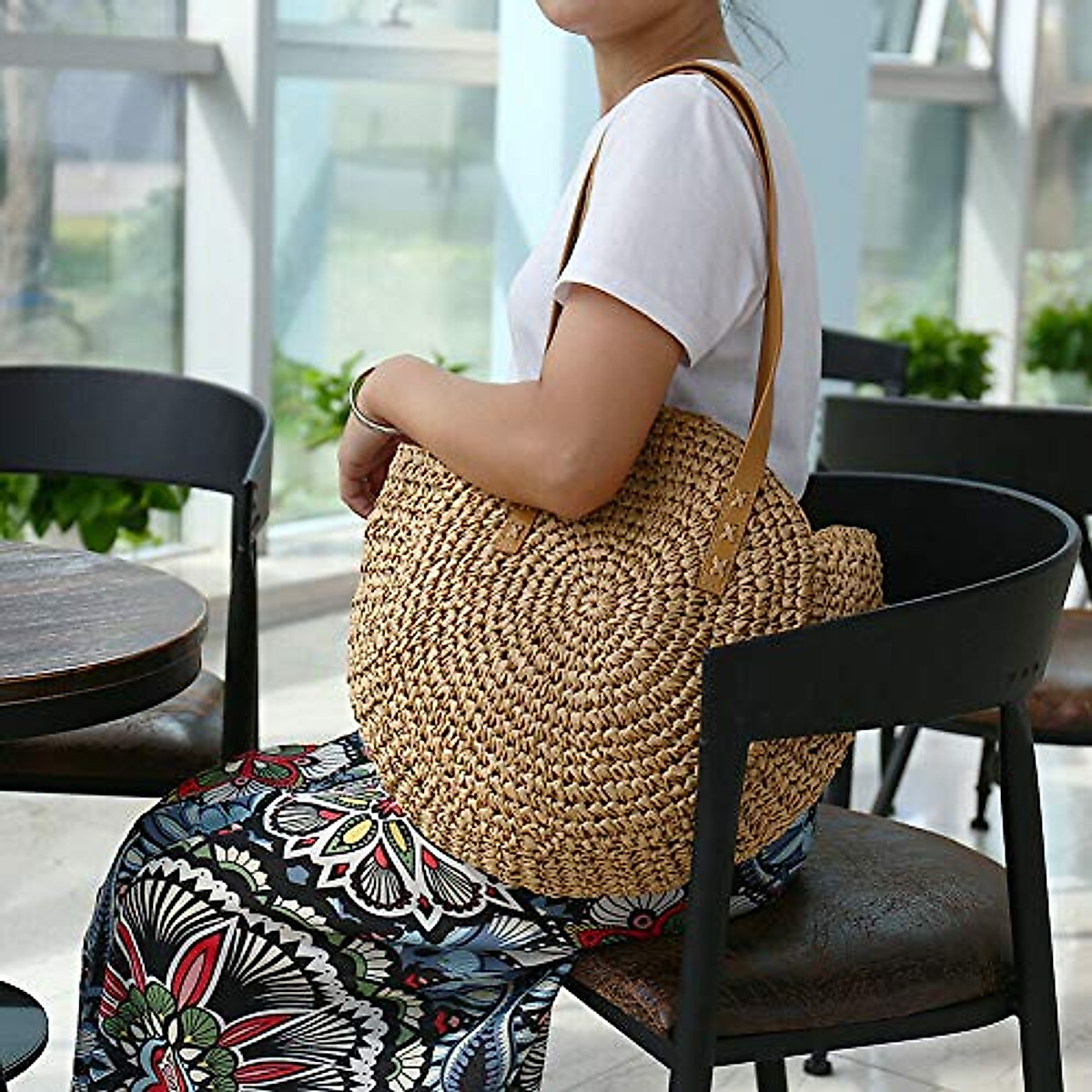 YXQSED Round Woven Bag - Summer Beach Bags Straw Handwoven Singleshoulder with Leather Handles，Zipper（Khaki） L