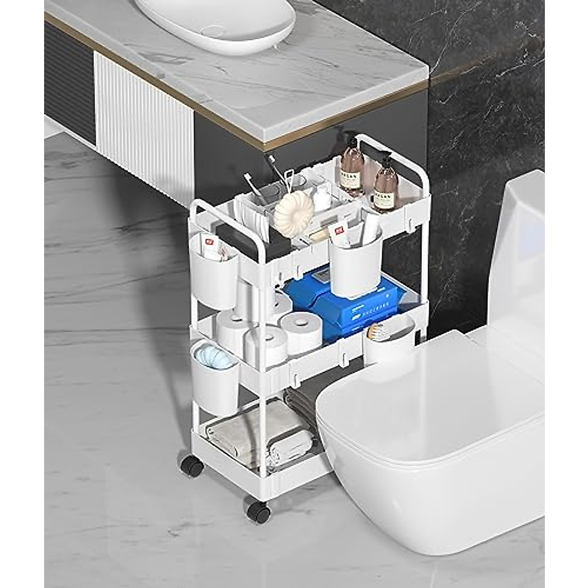 TiLeMiun 3-Tier Storage Rolling Cart Storage Utility Cart Rolling Multifunctional Organizer Mobile Shelving Unit Storage Shelves Slide Out Trolley Cart Bathroom