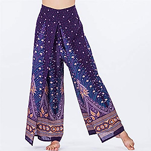 LOFBAZ Slit Leg Palazzo Yoga Pants for Women Girls Maternity Summer Beach Pajama High Waisted Boho Harem Pants Womens Clothing Peacock 1 Purple Gold L