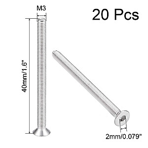 uxcell M3x40mm Flat Head Machine Screws Inner Hex Screw 304 Stainless Steel Fasteners Bolts 20Pcs
