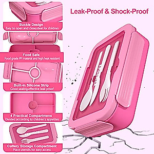KEMETHY Bento Lunch Box for Kids, 4 Compartment Lunch Box Kids, Leak Proof Lunchbox with Tableware for Kids Lunch boxes for School, Microwave/Dishwasher/Freezer Safe, BPA-Free and Reusable, Pink