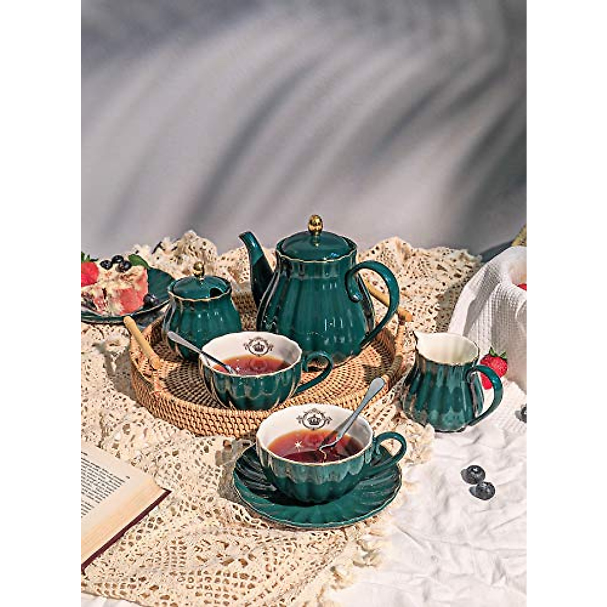 Amazingware Porcelain Tea Set - Tea Cup and Saucer Set Service for 6, with 28 ounces Teapot Sugar Bowl Cream Pitcher Teaspoons and Tea Strainer - for Thanksgiving - Pumpkin Fluted Shape, Dark Green