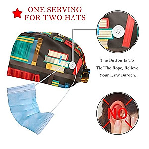 Bouffant Working Cap with Ribbon Tie for Women Long Hair, Adjustable Unisex Surgical Hat, Bookshelf Multi Clean Scrub Caps, 2 Pack