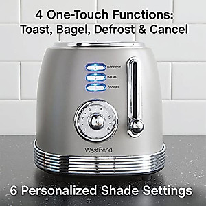 West Bend Toaster 2 Slice Retro-Styled Stainless Steel with 4 Functions and 6 Shade Settings, 850-Watts, Gray