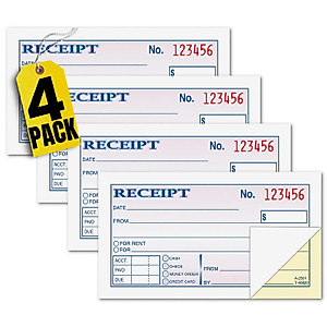 1InTheOffice Money Rent Receipt Book, 2 Part Carbonless, 2.75" x 4.78", 250 Sheets/Book, 4 Pack