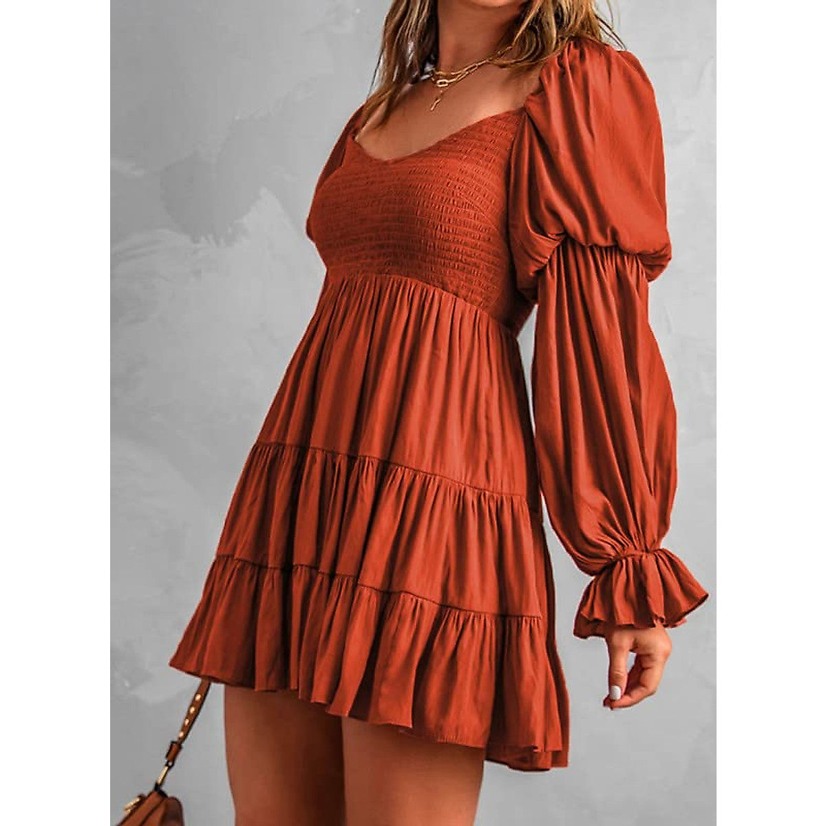 Dokotoo Women's Ladies Spring Casual Summer Dresses Casual Sexy Off The Shoulder Square V Neck Flared Long Sleeve Cute Ruffle Smocked Elegant Mini Short Birthday Dresses for Women Brown Small