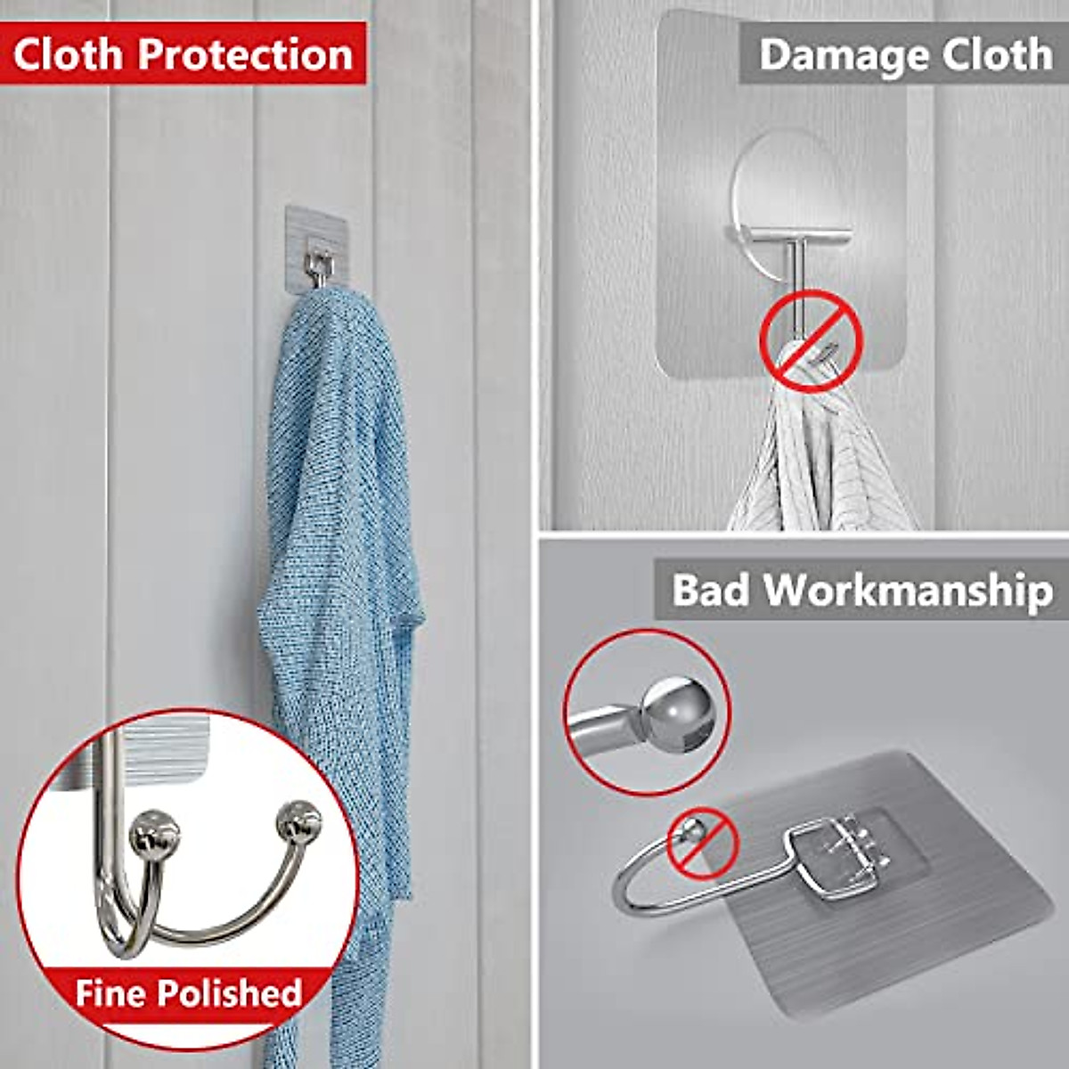 Booda Brand Adhesive Hooks 30lbs Max Heavy Duty Double Wall Hooks for Hanging No Damage, Waterproof & Rustproof Stainless Towel Hooks for Bathroom, Kitchen Home and Office (6, Large)