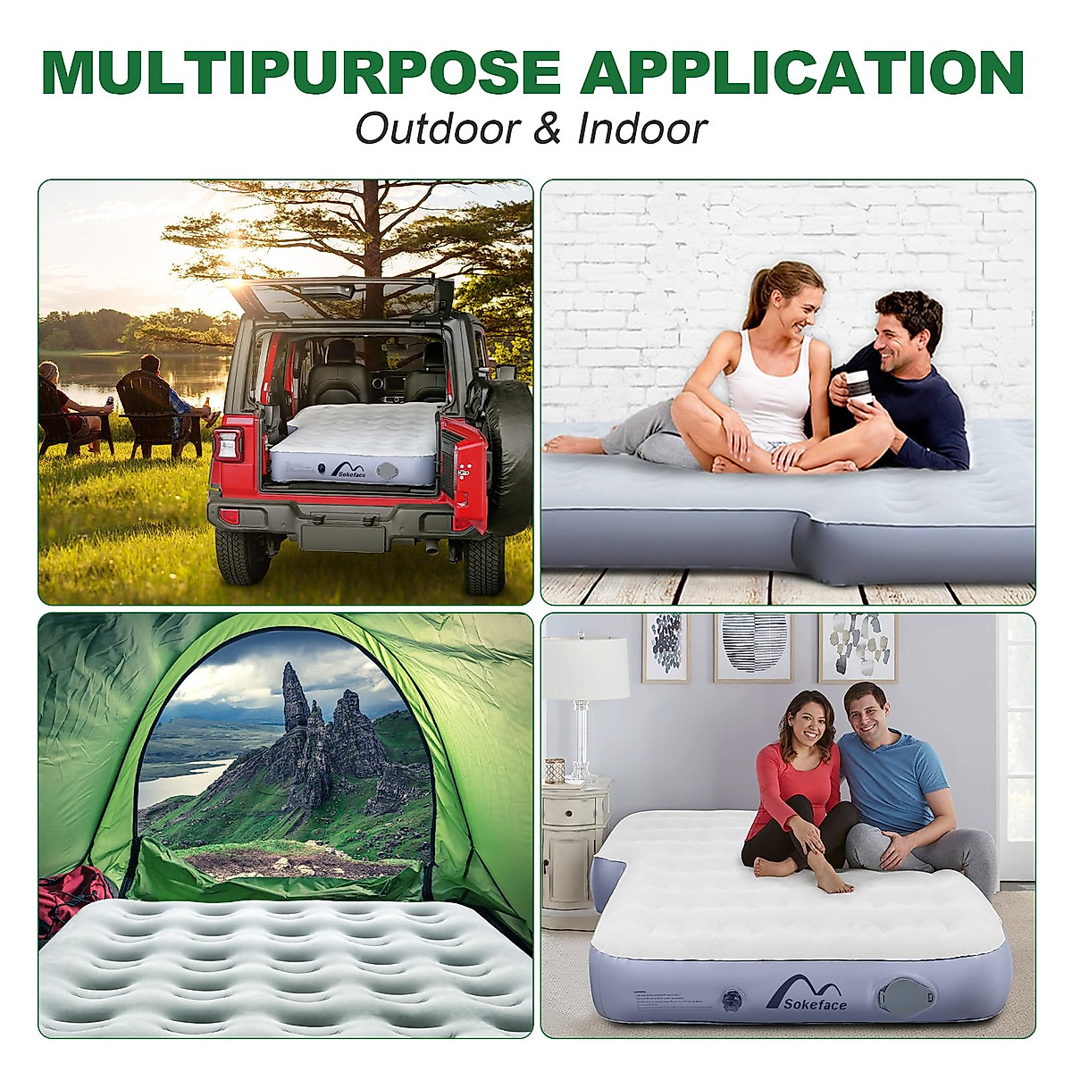 Sokeface SUV Air Mattress Camping Bed with Wireless Air Pump(2024 Newest Upgraded), 10inch Air Mattress for Jeep Wrangler JK JKU JL JLU Unlimited 4 Door Ford Bronco Subaru Forester and Fits Most SUVs