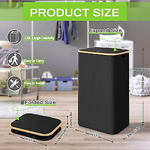 Jhua Laundry Basket with Lid and 2 Removable Liners (Black 110L)