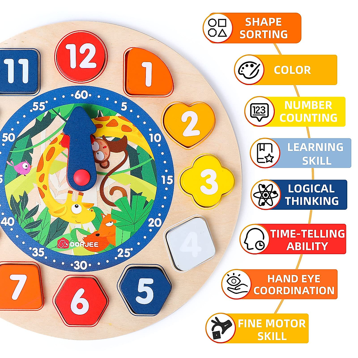 Dorjee Shape Sorter Teaching Clock, Learning Time Clock for Kids , Montessori Toys with 12pcs Removable Number Blocks, Display Holder Included