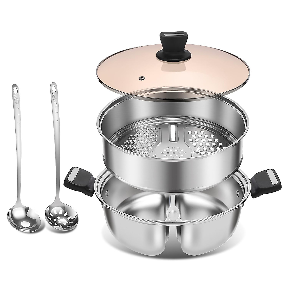 Shabu Shabu Pot, Yuanyang Pot, Weldless Pot with Steam Grill, 304 Stainless Steel Pot with Divider, Cookware with 2 Soup Ladles, 11.8 inch, 4.6 Quart, Not for Sale in China