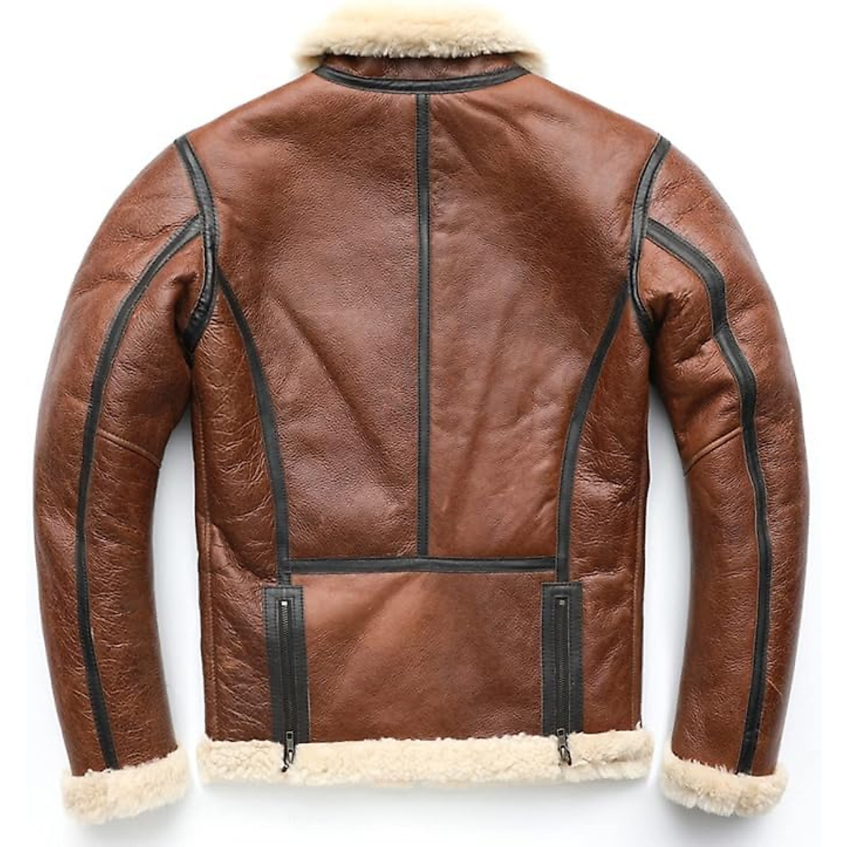 Men's Brown Classic Genuine Sheepskin Bomber Jacket - Embrace Winter Warmth in Military Aviator Style (US, Alpha, Large, Regular, Regular)