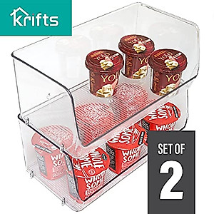 Clear Plastic Storage Bins(Set of 2) - Stackable Storage Organizer for Pantry, Kitchen Cabinet, Refrigerator, Office Desk, or Bathroom - Food Organizer Baskets with FREE Write-On Bin Labels