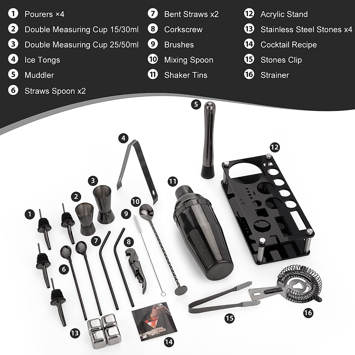 23 Piece Cocktail Shaker Set Bartender Kit with Acrylic Stand & Cocktail Recipes Booklet, Professional Bar Tools for Drink Mixing, Home, Bar, Party (Include 4 Whiskey Stones) - Black