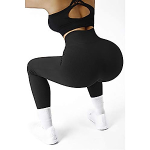 SUUKSESS Women Ribbed Seamless Leggings High Waisted Tummy Control Workout Yoga Pants (Black, M)