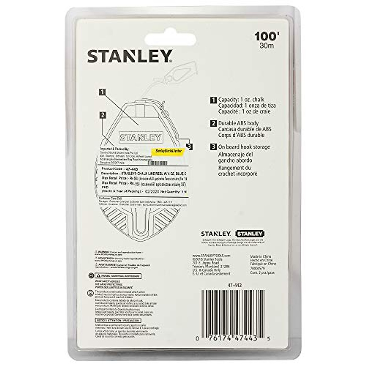 STANLEY Chalk Line Box Set, Blue Chalk with Plastic Line Level, 4oz, 3-Piece (47-443)