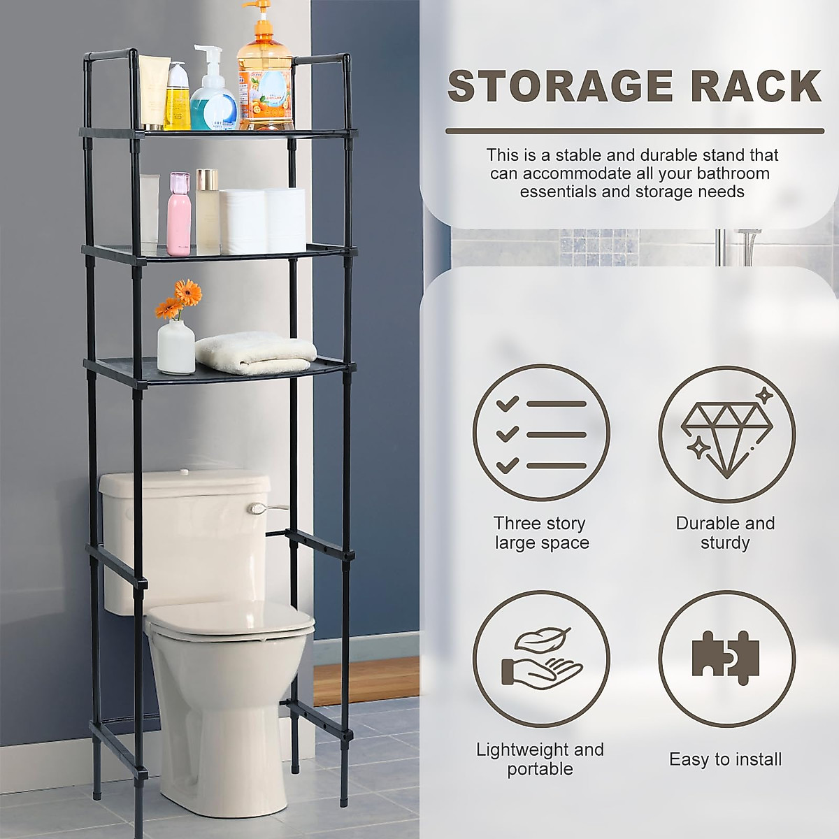 Over The Toilet Storage Shelf, 3-Tier Storage Cabinet Over Toilet, Above Toilet Storage Rack,Behind Toilet Shelf,Bathroom Organizer Freestanding Toilet Shelf Space Saver for Home Bathroom (Black)