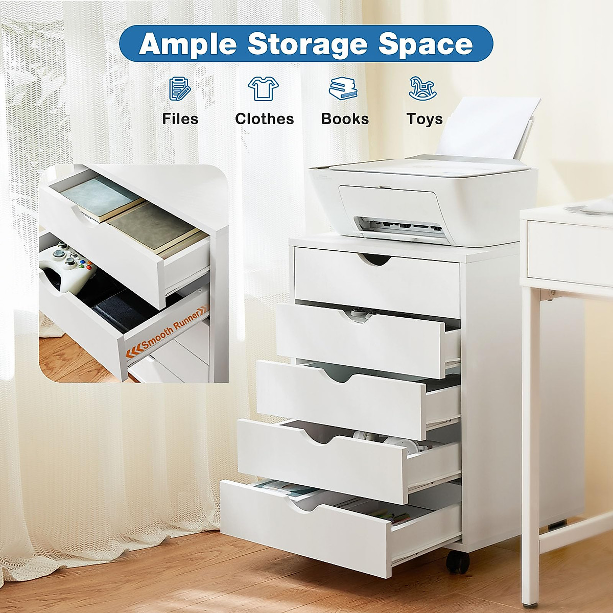 OLIXIS 5 Drawer Chest Wood File Cabinet Rolling Storage Dresser with Wheels for Home Office, White