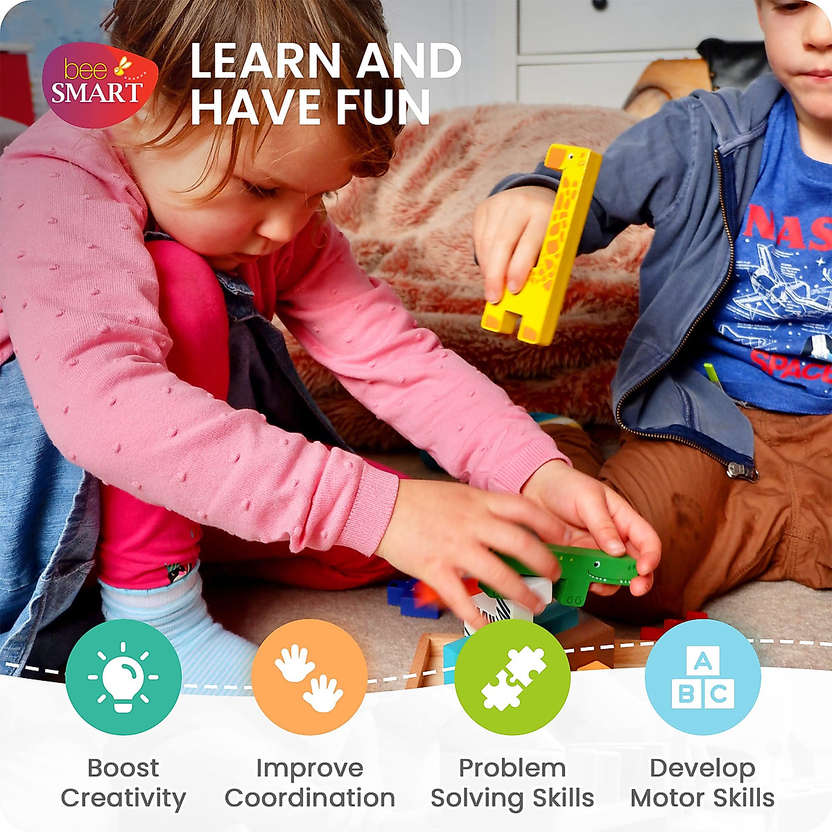 bee SMART Wooden Stacking Balancing Animal Activity Toy | Wooden Box & Bag | Kids Activity Montessori Educational Colourful Gifts for Preschool & Toddlers Boys & Girls