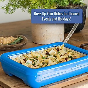 Fancy Panz Classic, Food Serving Tray, Made in the USA Foil Pan Carrier, Stackable Aluminum Pan Holders with Clear Lid, Travel Casserole Carrier With 1 Disposable Foil Pan & Serving Spoon, Denim Blue