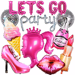 15PCS Hot Pink Princess Girl Doll Foil Balloon Lip Letter LETS GO Party Silver Disco Ball Balloon Photo Prop for Pink Theme Party Decorations Backdrop Bachelorette Party Women Birthday Supplies