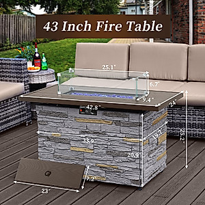 PIZZELLO 43" Propane Fire Pit Table Outdoor Rectangular Stone Firepit Table 50000 Btu Propane Fire Tables for Outside Patio with Glass Wind Guard, Lid, Fire Glass Beads, Pizzello Caldo (Gray Stone)