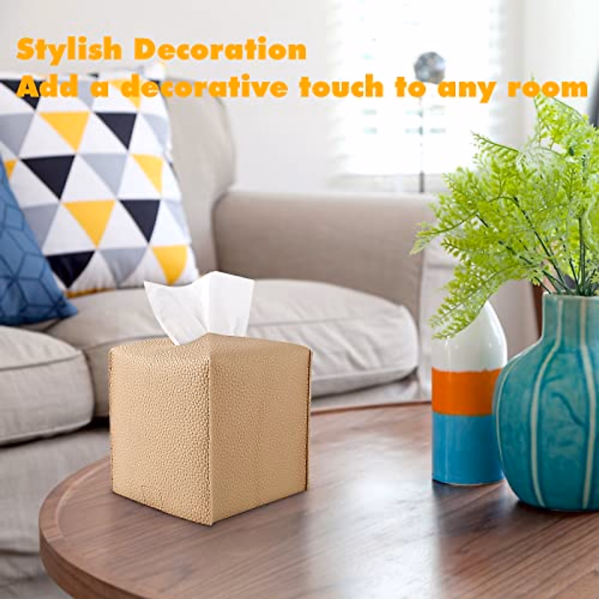 DIGHEIGG Tissue Box Cover, Modern PU Leather Square Tissue Box Holder - Bathroom Organizer Decorative Box Holder for Vanity Countertop, Night Stands, Office Desk & Car 5"X5"X5" - Beige