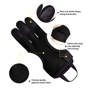 ChinFun Archery Gloves Leather Practice Shooting Hunting Three Finger Archery Protective Gear Accessories for Youth Adult Beginner Black S