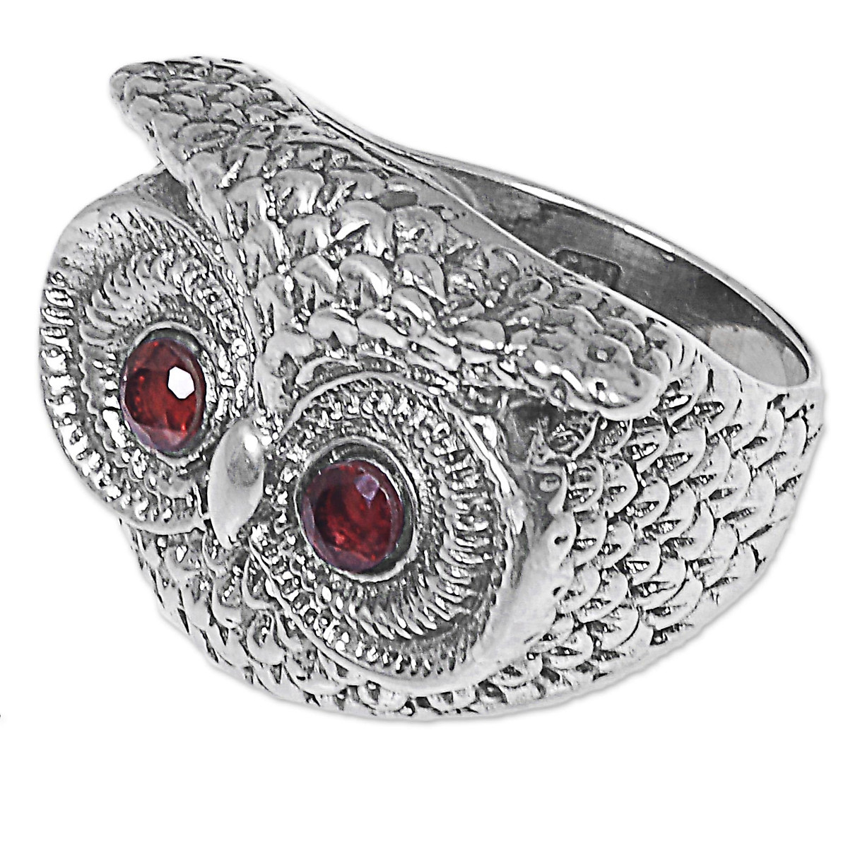 NOVICA Artisan Handmade Garnet Cocktail Ring Balinese Sterling Silver Owl with Eyes Red Indonesia Animal Themed Birthstone [crownbezel 0.7 in L x 1 in W x 0.2 in H Band Width 3 mm W] ' Owl Eyes'