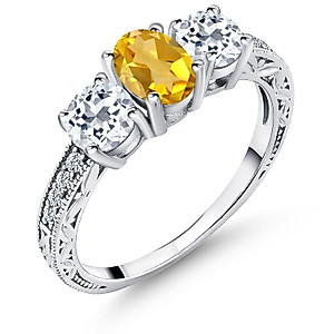 Gem Stone King 925 Sterling Silver Yellow Citrine and White Topaz 3 Stone Ring For Women (1.72 Cttw, Gemstone Birthstone, Available In Size 5, 6, 7, 8, 9)